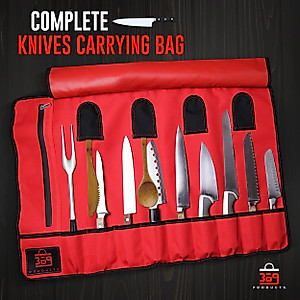 369 Products Chef Knife Bag - 18" x 7" x 3" Waterproof Polyester Knife Roll Bag with 13 Slots, Stylish Leather Straps and Detachable Shoulder Harness, Additional Zipper Compartment