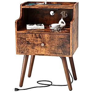 NONGSHIM Nightstand, Side Table with Charging Station, Mid-Century Modern Night Stands, Bedside Table with Storage Drawer and Solid Wood Legs, Accent End Table for Living Room, Bedroom, Rustic Brown