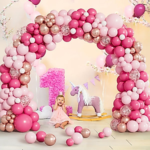 Grcypa 148pcs Pink Balloon Garland Arch Kit, Hot Pink White Metallic Rose Gold Confetti Balloons for Princess Theme Party Decorations Girl Birthday Baby Shower Bridal Wedding Valentine's Decorations