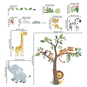 decalmile Jungle Animals Tree Wall Decals Elephant Giraffe Lion Safari Wall Stickers Baby Nursery Kids Bedroom Living Room Wall Decor