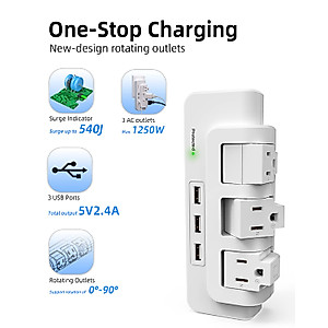 Wall Outlet Extender Surge Protector Multi Outlet Wall Plug Rotatable with USB