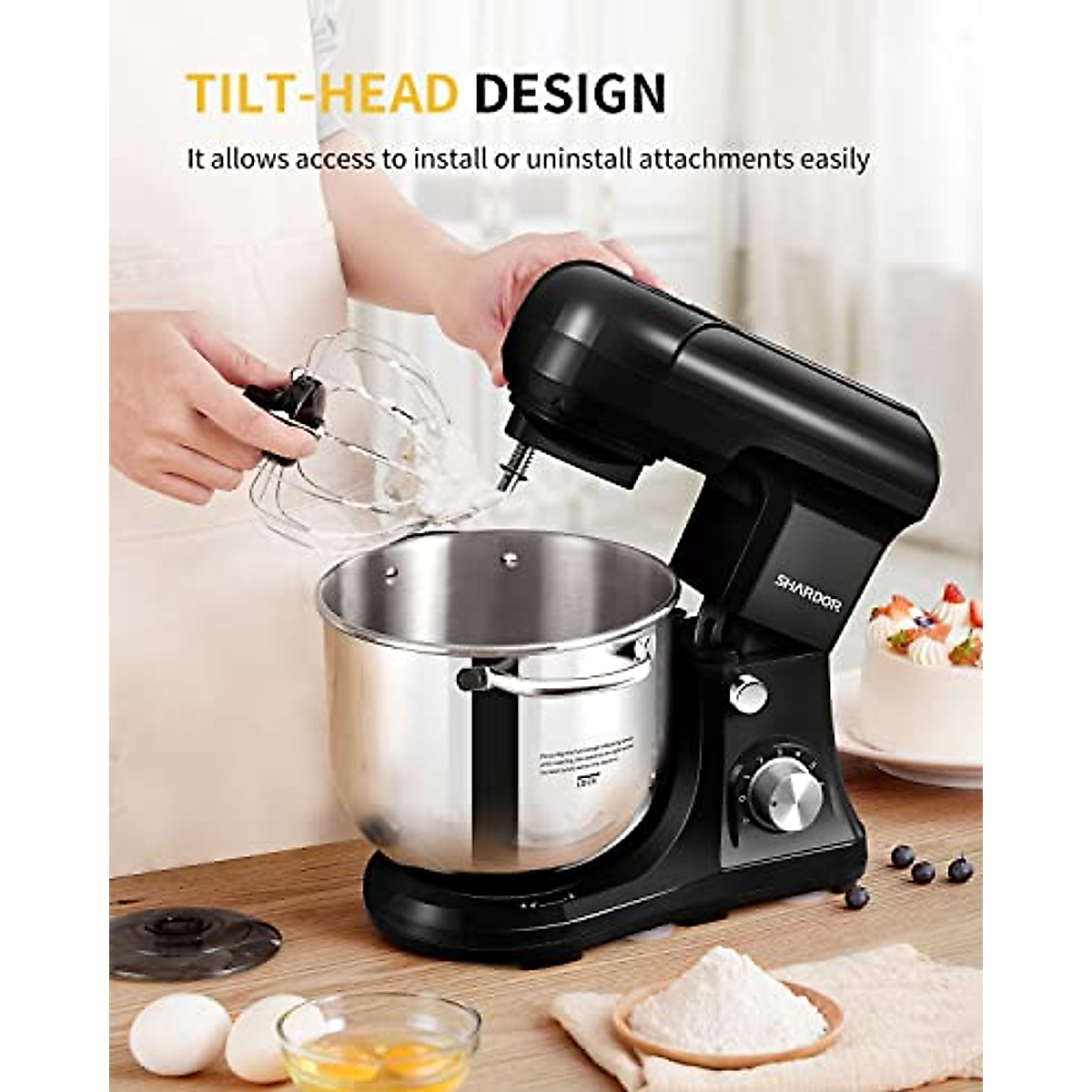SHARDOR Stand Mixer, 6-Speed with Pulse Tilt-Head Food Mixer, Kitchen Electric Mixer with Dough Hook, Wire Whip & Beater, 4.8 QT Stainless Steel Bowl, Splash Guard, Black