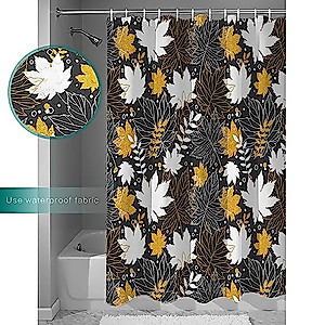 Double Love Autumn Maple Leaves Bathroom Curtain 72 Inch Shower Curtain with Hooks, Waterproof Polyester Bath Curtain Washable Bathtub Curtain Yellow White Gold Leaf Black Backdrop 48''x 72''