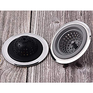 Angchine 2PCS Sink Strainers, Flexible Silicone and Stainless Steel Kitchen Sink Drainer Baskets, Large Wide 4.5’’ Diameter Rim. Anti-Clogging Micro Perforation Holes, Rust Free (Black)