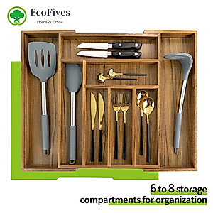 EcoFives Acacia Kitchen Drawer Organizer Expandable 8 Slots + Acacia Silverware Organizer Adjustable 5 Slots