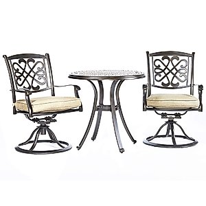 CASUAL WORLD 3 Piece Aluminum Outdoor Bistro Set, 2 Cushioned Swivel Rocker Chairs and Cast Aluminum Patio Dining Table, Weather-Resistant Patio Furniture Set for Backyard, Patio, Lawn, Garden