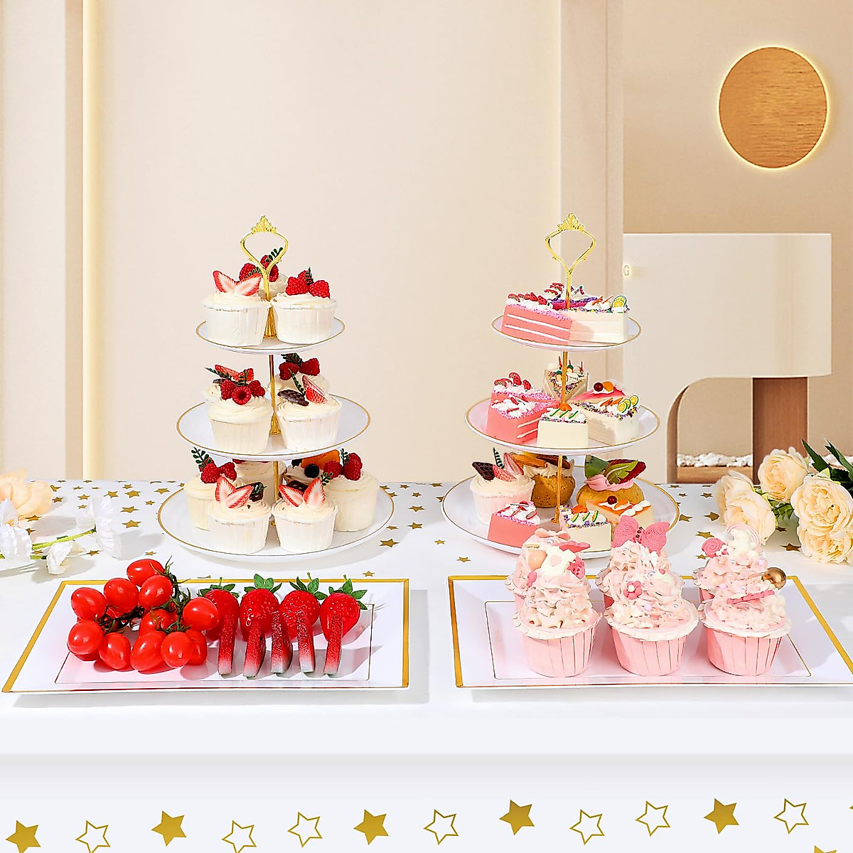 8PCS Cake Stand Set, Plastic Cupcake Stands with Gold Rim, 2PCS 3-Tired Cupcake Stands with 6PCS Serving Trays, Dessert Display Stands Set for Wedding Birthday Party Baby Shower,Tea Party Decorations