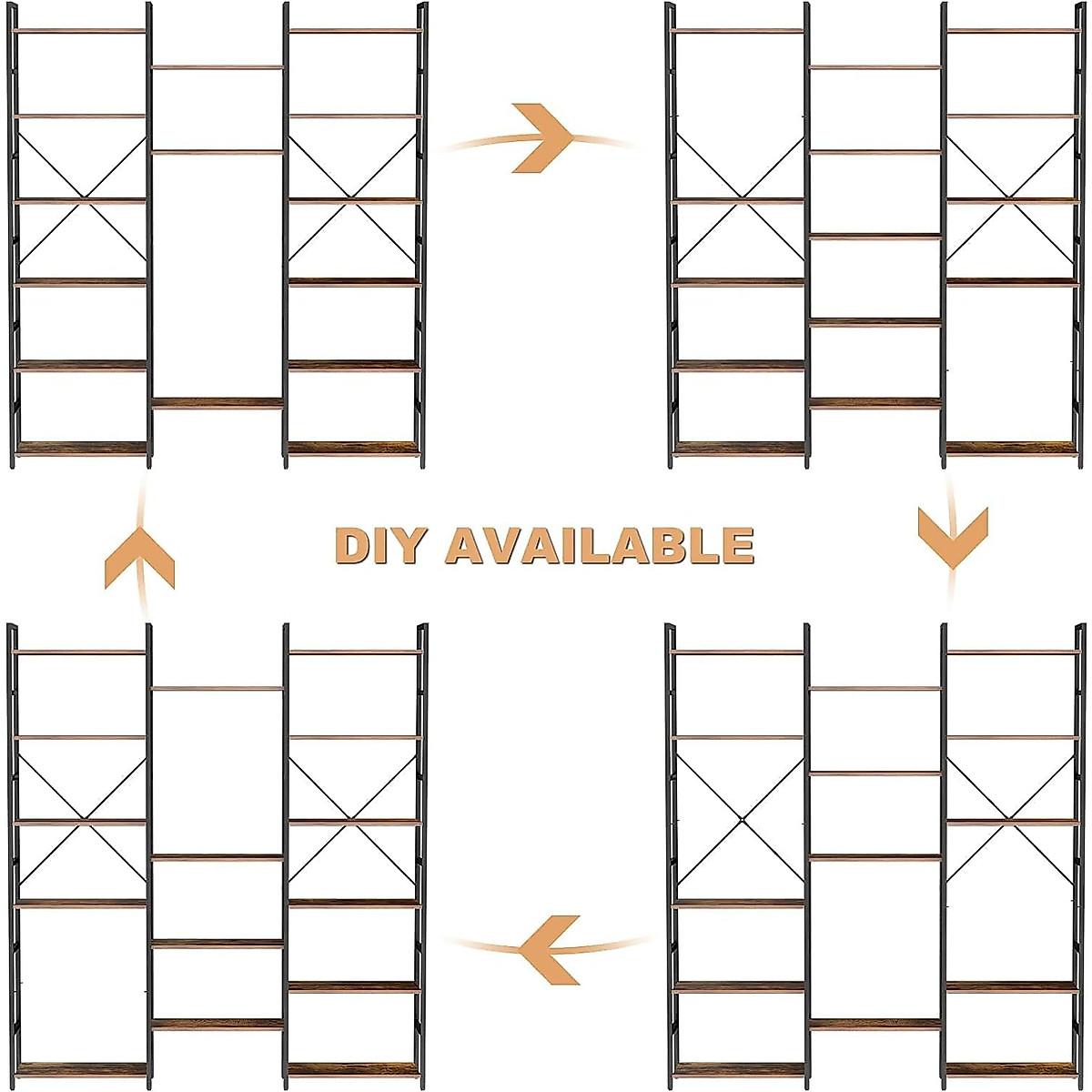 oneinmil Triple Wide 6-Tier Bookshelf, Industrial Display Bookshelf, Wood and Metal Etagere Bookcase for Bedroom,Living Room，Office, Brown