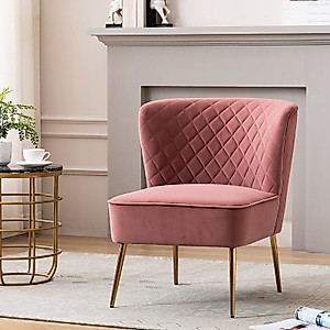 DUHOME Velvet Accent Chair, Armless Slipper Chair, Vanity Chairs Makeup Chair with Back, Upholstered Sofa Chair with Golden Legs Barrel Chair for Living Room, Bedroom Pink