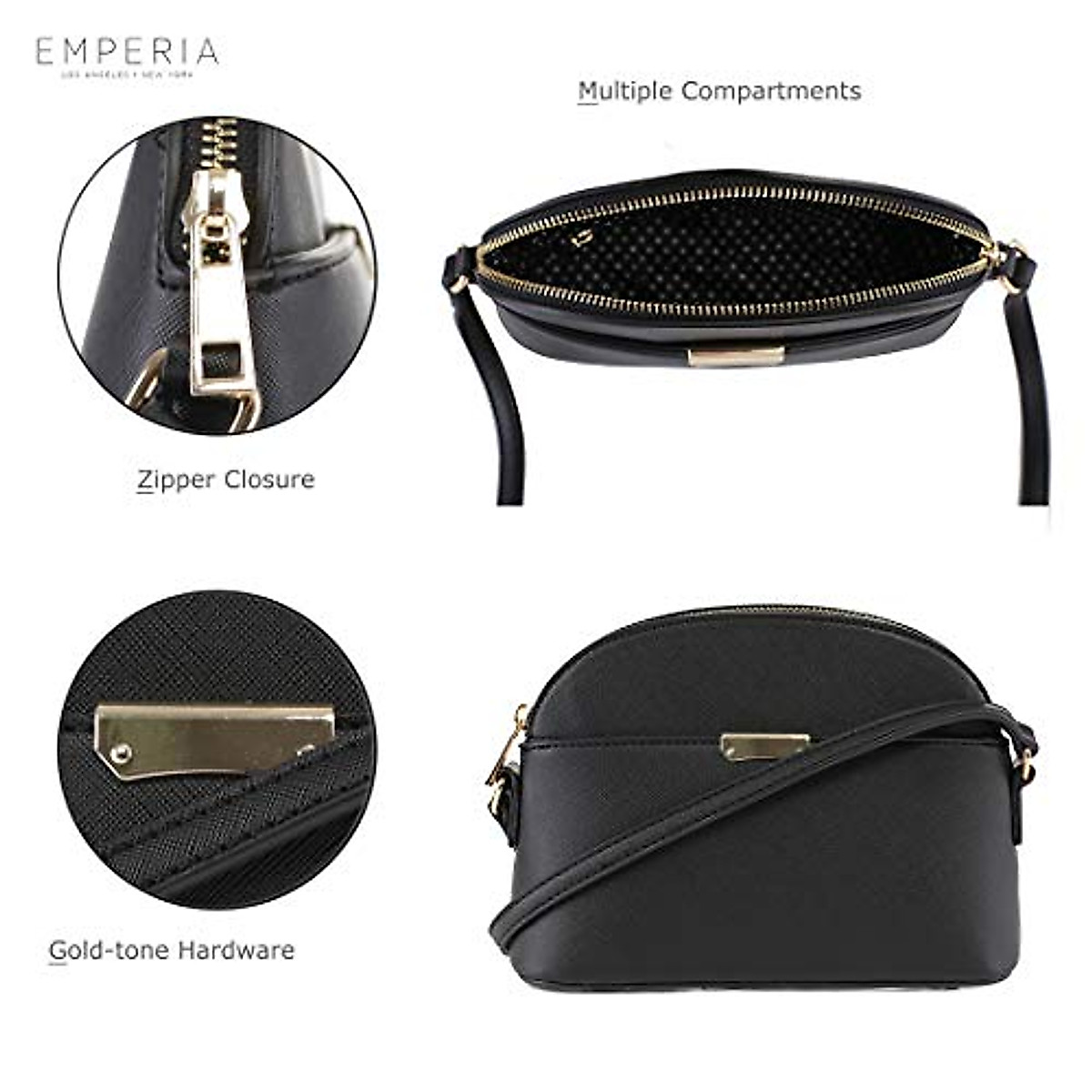 Emperia Ava Small Cute Saffiano Faux Leather Dome Crossbody Bags Shoulder Bag Purse Handbags for Women Black