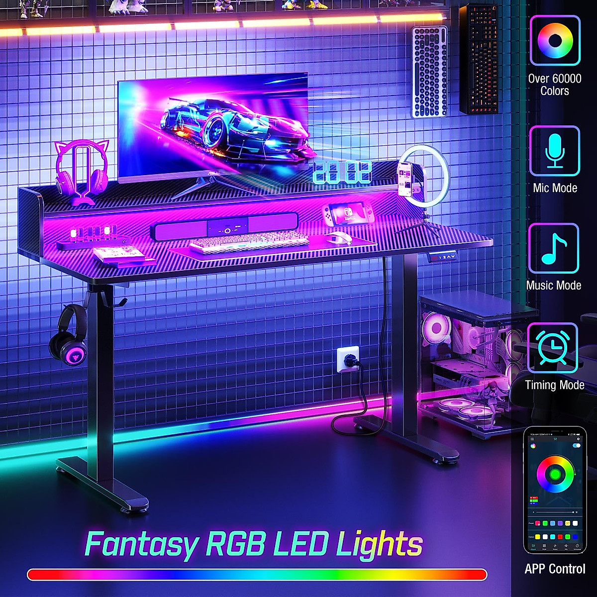 Rolanstar Standing Desk with LED Lights & Charging Station, 55" Height Adjustable Desk with Monitor Stand, Electric Gaming Desk with 2 Hooks, Sit Stand Home Office Desk, Carbon Fiber Surface Black