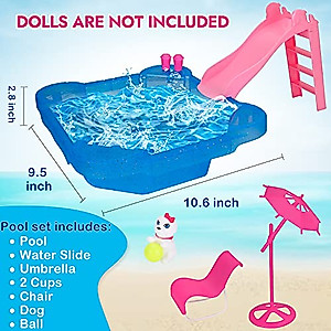 Deluxe Doll Pool Play Set, Doll Glam Pool with Slide&Dolls Accessories&Beach Umbrella&Chair, Suitable for Dolls Up to 12 Inch, Kids Gifts for 3 to 7 Year Olds Girls, Bath Toys for Toddlers