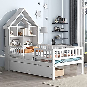 OPTOUGH Twin Size House-Shaped Storage Headboard Bed,Wooden Bedframe with Full Length Fence Guardrails and Drawers for Kids Teens,No Spring Box Needed,White