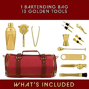 Pistivo Bartender Travel Bag - Portable Bar Case for Cocktail Creation, Barware Roll Bag Tool Set w/ Vegan Shoulder Strap, Storage Case Accessories, Perfect for Mixing Drinks, Burgundy