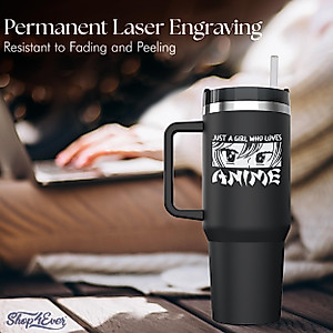 shop4ever Just A Girl Who Loves Anime Engraved Insulated Stainless Steel Tumbler with Handle, Lid, and Straw 40 oz. Anime Fans Anime Lovers Birthday Gift (Black)