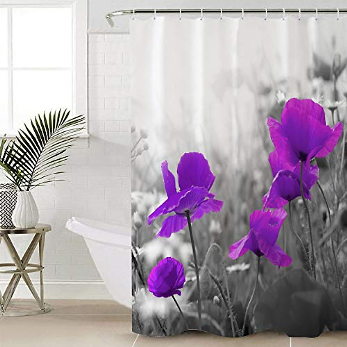 4 Pieces Bathroom Shower Curtain with Mats Set Purple Poppy Floral Grey Botanical Back,Non-slip Bath Rugs Toilet Lid Cover and U-shaped Carpet,Elegant Flower Watercolor Doormats Waterproof Curtains