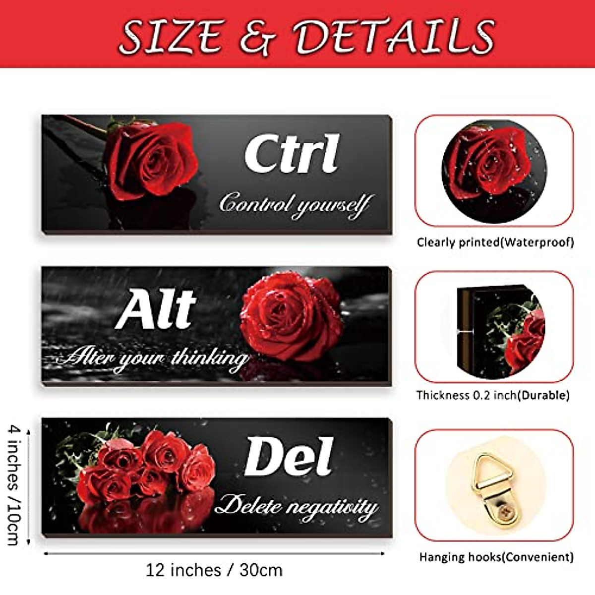 3 Pcs Red Wall Decor Red Roses Office Decor Inspirational Flower Wooden Wall Art Red Decor with Positive Quotes Ctrl Alt Del for Girl Women Office Bedroom Bathroom Living Room (Red Rose12 x 4 Inch)