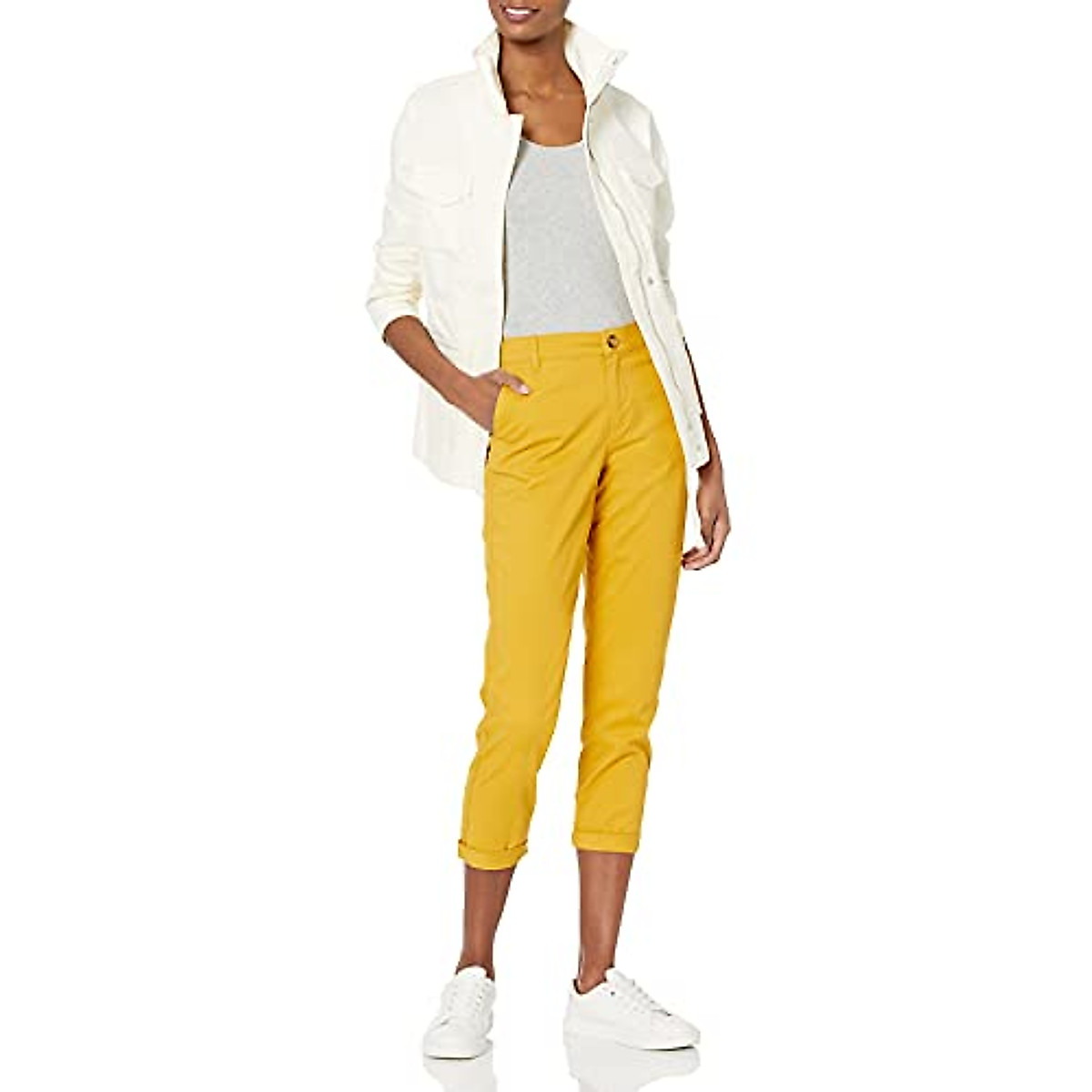 Amazon Essentials Women's Mid-Rise Slim-Fit Cropped Tapered Leg Khaki Pant, Dark Yellow, 12