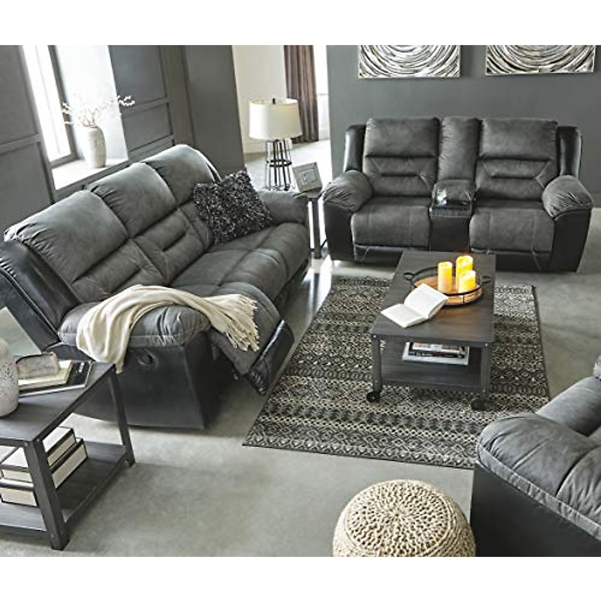Signature Design by Ashley Earhart Faux Leather Manual Double Reclining Loveseat with Storage Console, Gray & Black
