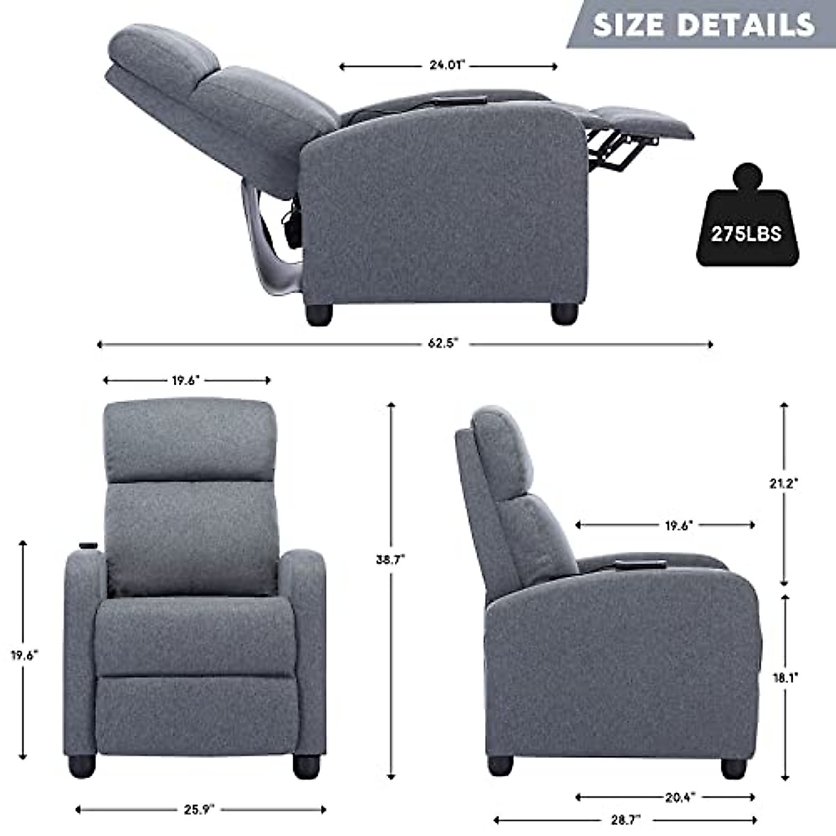 Phoenix Home New Model Massage, Modern Single Sofa Padded Backrest and Thick Seat Cushion, PU Leather Recliner Chair for Living Room, Home Theater, Grey