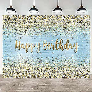 WDA Blue Happy Birthday Backdrop Golden Diamond Shiny Bokeh Photography Background Sweet Girl Party Photo Decoration Banner Dessert Cake Table Supplies (7x5FT)