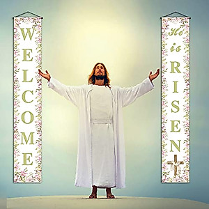 Pudodo He Is Risen Porch Banner Easter Christian Cross Resurrection Religious Holiday Party Front Door Sign Wall Hanging Decor