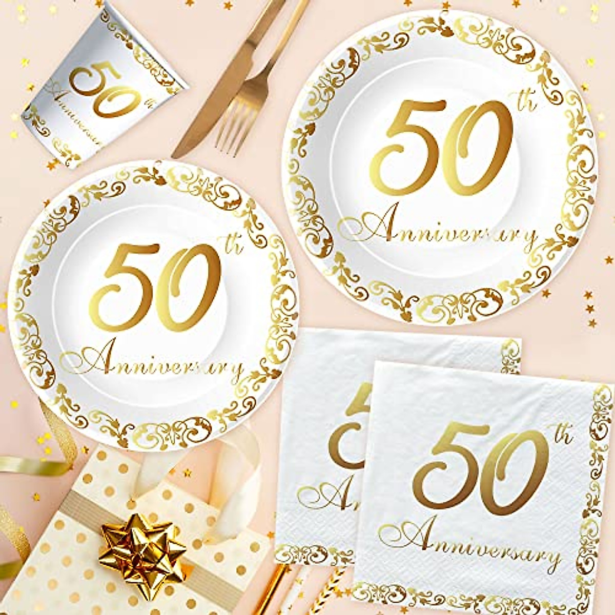 APOWBLS 50th Anniversary Decorations And Supplies Tableware - Golden 50th Wedding Anniversary Decorations, Plate, Napkin, Tablecloth, Fork, 50 Year Anniversary Party Supplies Decorations | Serve 24
