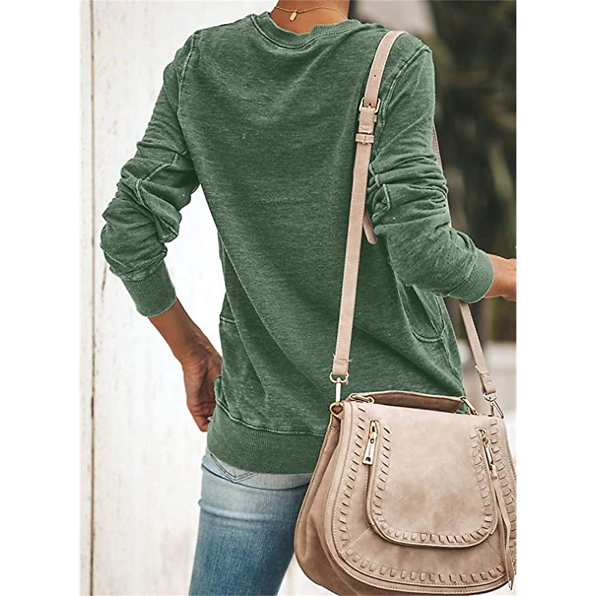 SENSERISE Womens Casual Crewneck Sweatshirt Long Sleeve Solid Color Shirt Soft Lightweight Loose Top(Solid Green,S)