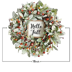 Bibelot Fall Wreaths for Front Door, 18'' Artificial Eucalyptus Leaves Wreath with Berries Pumpkin,Lambs Ear Wreath,Autumn Wreaths for Front Door Outside Porch Wall Farmhouse Home Decor …