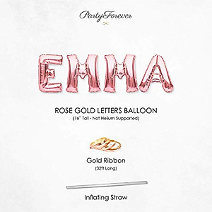 PartyForever Emma Balloon Banner Big 16 Inch Rose Gold Foil Balloons Letters Name for Women and Girls Birthday Party Decorations and Wedding Supplies for Her