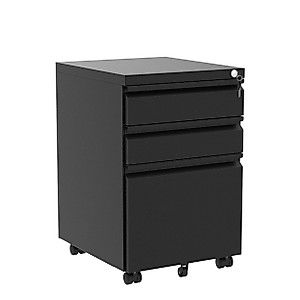 YITAHOME 3-Drawer Mobile File Cabinet with Lock, Office Storage Filing Cabinet for Legal/Letter Size, Pre-Assembled Metal File Cabinet Except Wheels Under Desk -Black
