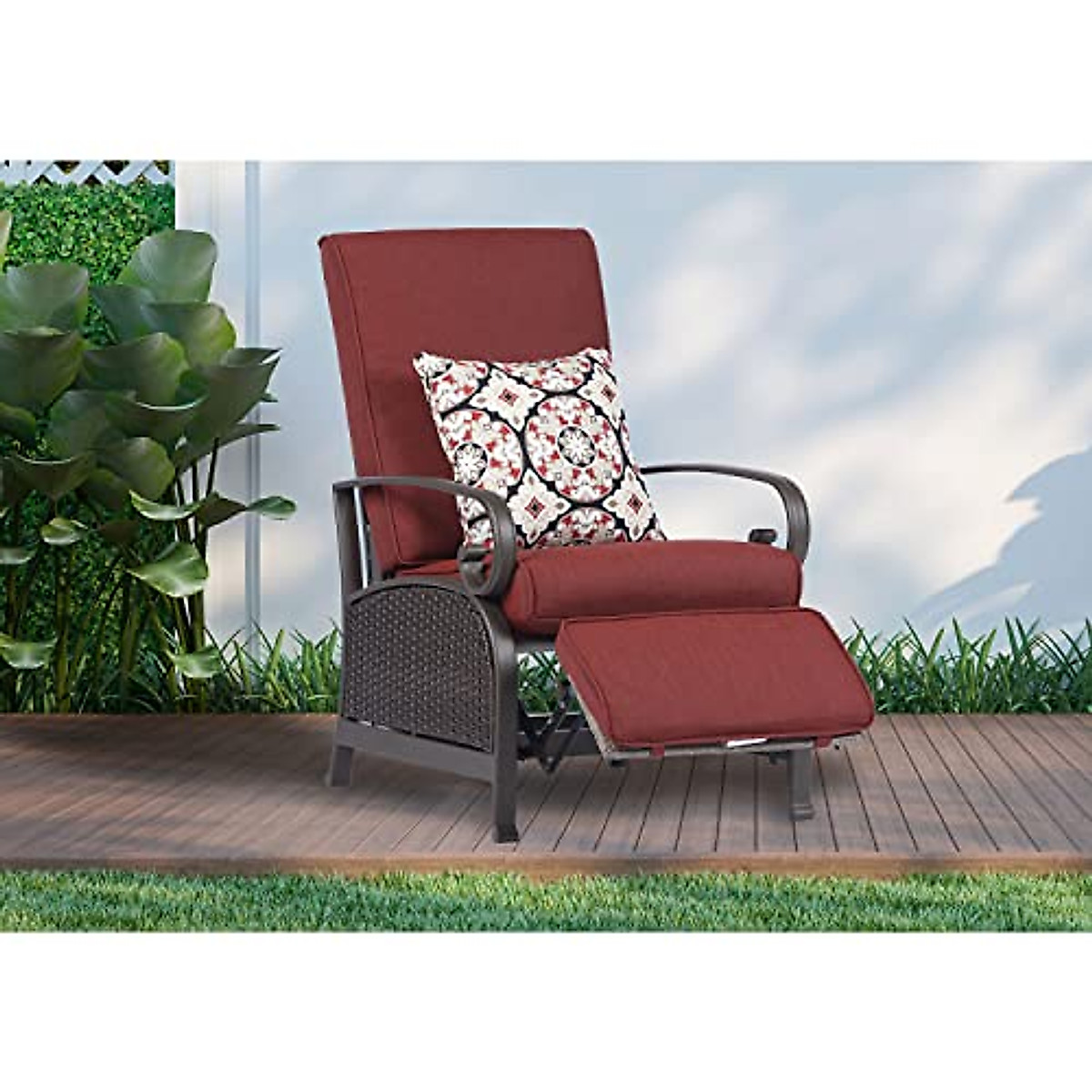 Hanover Madrid Outdoor Patio Recliner, Adjustable Chair, All-Weather Hand-Woven Wicker, Aluminum Frames, Thick Cushions-MADRIDREC-NVY, 1 Piece, Red