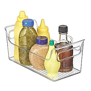 mDesign Plastic Kitchen Pantry Cabinet, Refrigerator, Freezer Food Storage Organizer Bin - for Fruit, Drinks, Snacks, Eggs, Pasta - Combo Includes Bins, Condiment Caddy, Egg Holder - Set of 4 - Clear