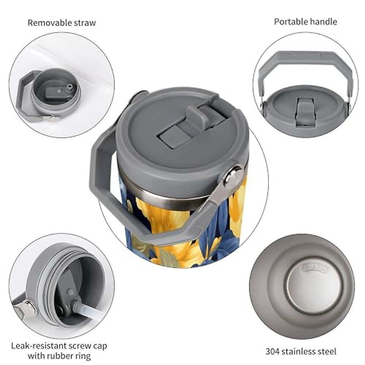 30oz Stainless Steel Insulated Tumbler with Flip Lid & Straw, Leakproof Travel Mug for Car, Blue Base Yellow Floral Double Wall Vacuum Thermal Coffee Cup with Handle, Spill-Proof Design for Hot/Cold D