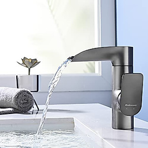 Rainovo Waterfall Bathroom Faucet, Bathroom Faucet with 360° Swivel Waterfall Spout, Single Handle Bathroom Faucet 1 Hole, Single Hole RV Basin Vessel Vanity Faucet, Grey