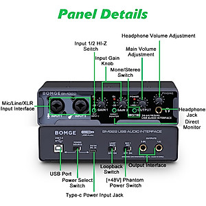 BOMGE USB Audio Interface(24 bit/192 kHz) with XLR,phantom power,Direct Monitoring,Loopback for PC Recording,Streaming,Guitarist,Vocalist and Podcasting