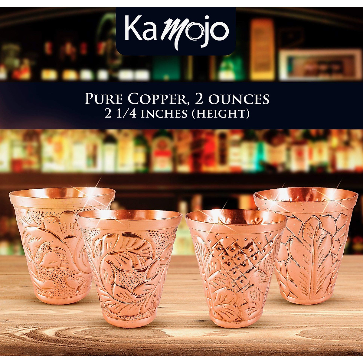 Kamojo Pure Copper Shot Glasses (Set of 4) - Moscow Mule Drinking Shot Glass for Home, Kitchen, Bar - Barware Drinking Glass for Tequila Vodka Cocktail Shooters - Custom Embossed Metal Drinkware Gift