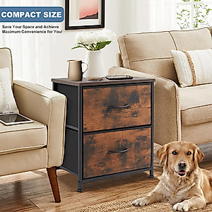 DUMOS Nightstand Small Dresser with 2 Fabric Drawers Side Bedroom End Table Kids Bedside Storage Furniture for 20 inch Tall Night Stand for Closet, Entryway, College Dorm, Rustic Brown, Medium