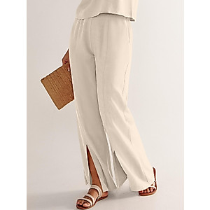 Caracilia Women's Linen Palazzo Pants Summer Beach Boho Wide Leg High Waist Front Split Elastic Waisted Trousers Casual Loose Flowy Pant with Pocket Beige C128A0-mise-S