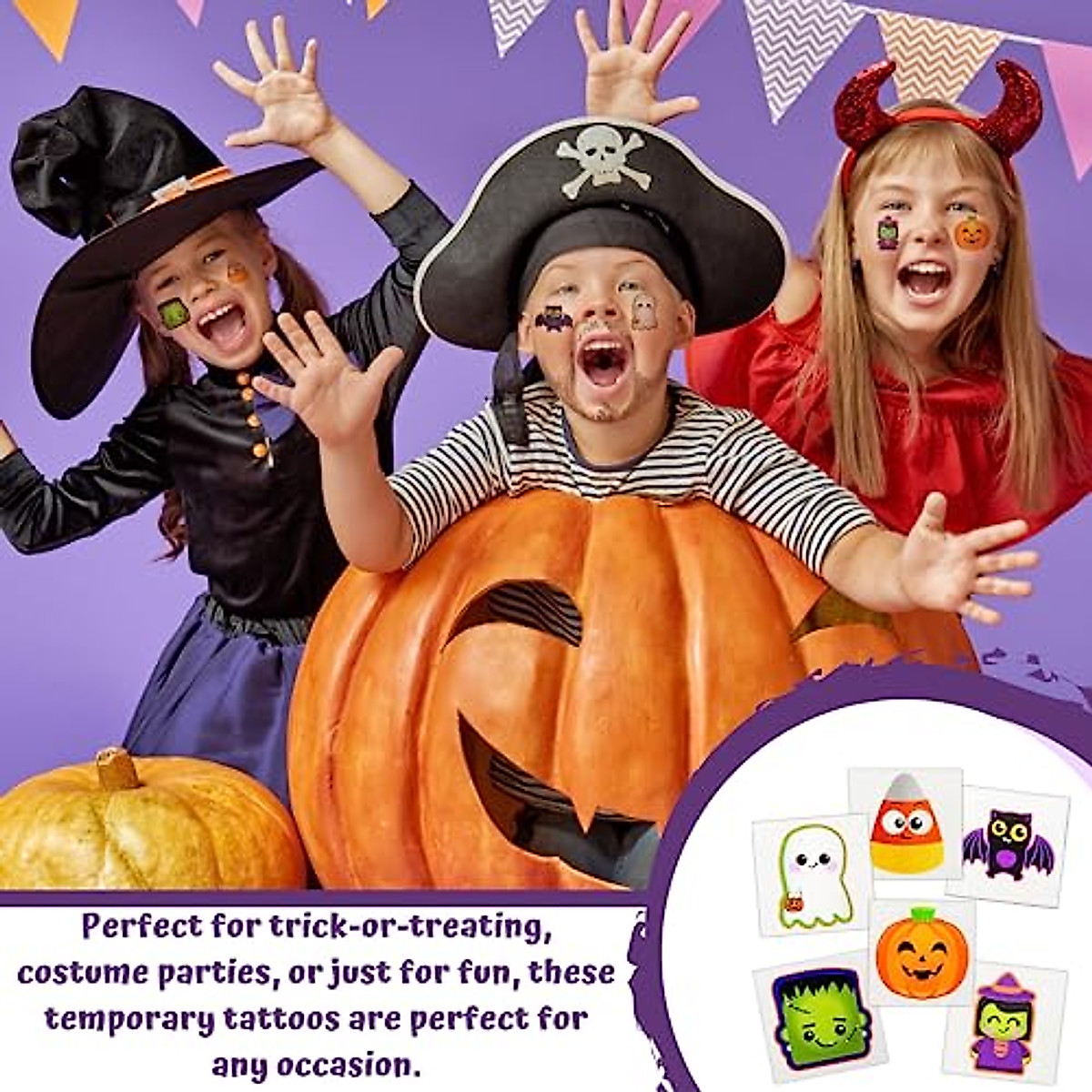 144 Pack Halloween Tattoos for Kids Temporary Pre-Cut Bulk Pack Halloween Themed Tattos Stickers for Face Body Non-Toxic 2" for Halloween Goodie Bag Fillers Classroom Prizes Party Favors by 4E's Novelty