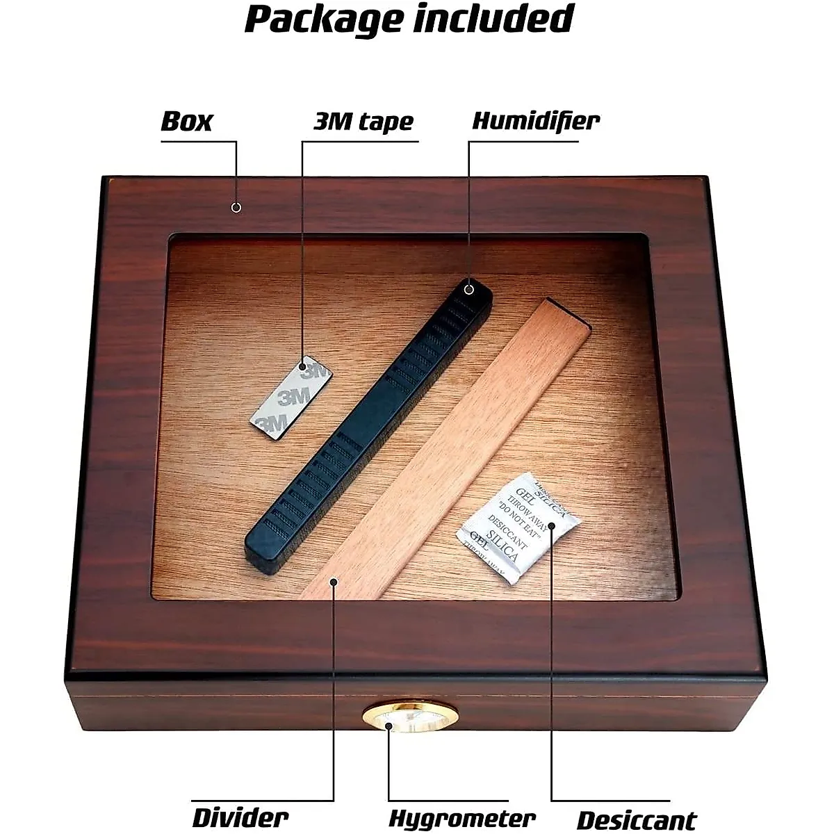 Handmade Humidor up to 25 Corona-Size Cigars, Glass Top Cigar Humidor Box, 100% Spanish Cedar Wood, Luxury Desktop Humidor with Hygrometer and Humidifier, High Gloss Walnut Finish.