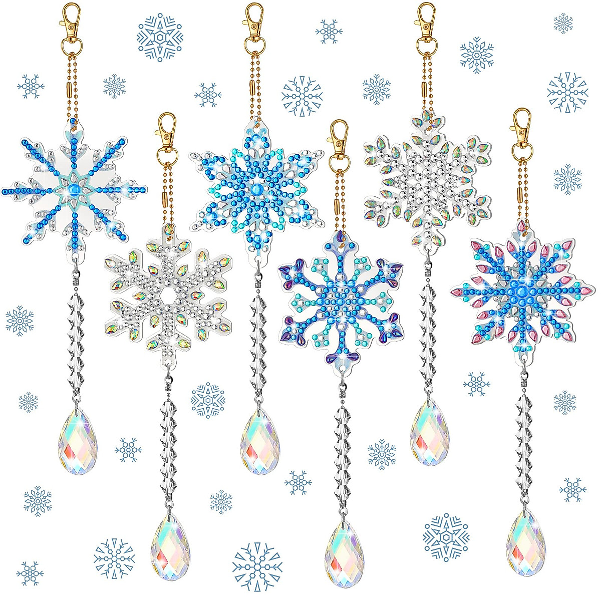 Perthlin 6 Pieces Winter Snowflake Diamond Art Kits Double Sided Diamond Art Suncatchers Wind Chimes Hanging Diamond Art Ornaments Accessories for Kids DIY Crafts Christmas Home Windows Decoration