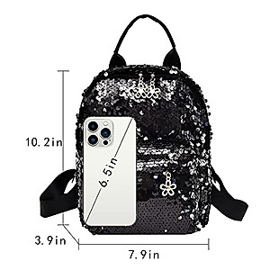 ZLMBAGUS Girls Shining Sequin Faux Leather Backpack Glittery Satchel Fashion Top Handle Shoulder Bag Daypack Purse Black