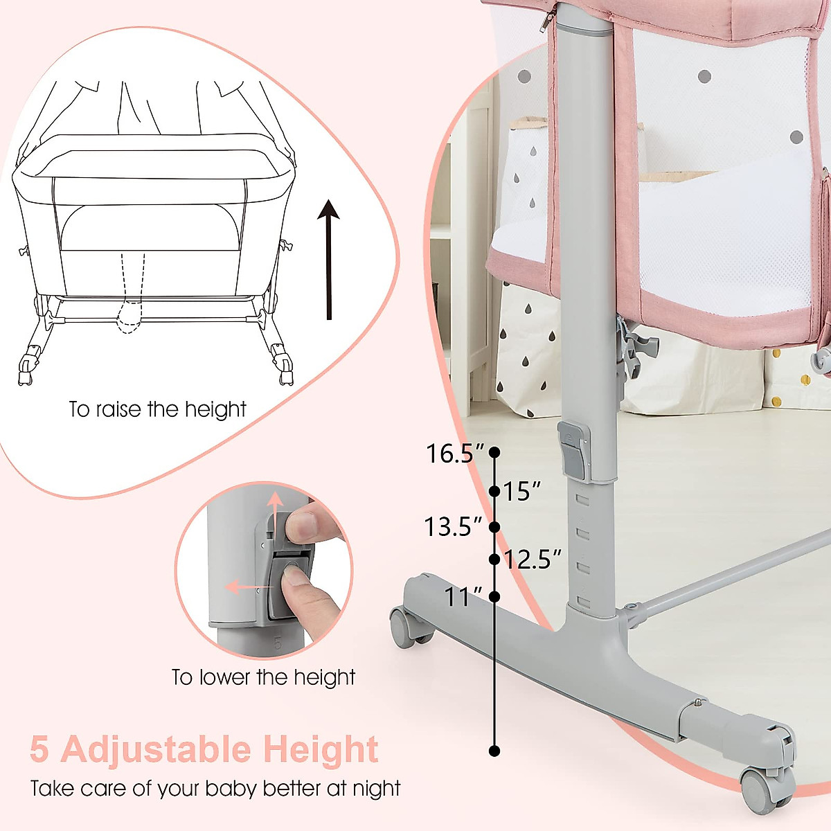 INFANS 3 in 1 Baby Bassinet, Bedside Sleeper for Newborn, Folding Crib with Mattress, Travel Bag, Wheels, 4-Sided Mesh, Easy to Assemble Cradle Co Sleeper Stationary, Rock (Pink)
