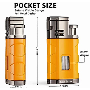 Castelar Torch Lighter Triple Jet Flame Refillable Butane Lighter with Punch Rest Holder - Butane Not Included (Yellow)