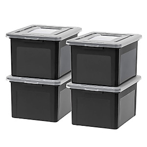 IRIS USA Letter & Legal Size Plastic Storage Bin Tote Organizing File Box with Durable and Secure Latching Lid, Stackable and Nestable, 4 Pack, Black