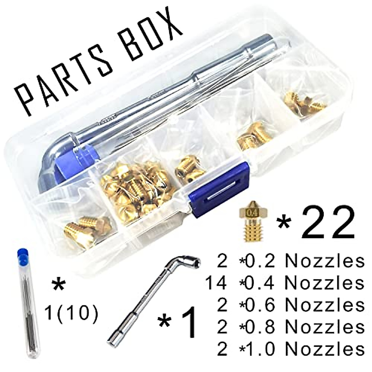 XIFOWE Nozzles 22 pcs 3D Printer Brass Nozzles for V5-V6 3D Printer, 0.2mm, 0.4mm, 0.6mm, 0.8mm, 1.0mm, with DIY Tools and A Ten-Grid Parts Box, Compatible with I3 A8 MK3/MK3S Clone