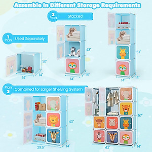 Costzon Kids Closet, Cartoon DIY Modular Dresser Storage Organizer with 12 Cubes & 2 Clothes Hanging Rack, Portable Armoire for Baby Toddlers, Kids Wardrobe for Bedroom Nursery (Blue)