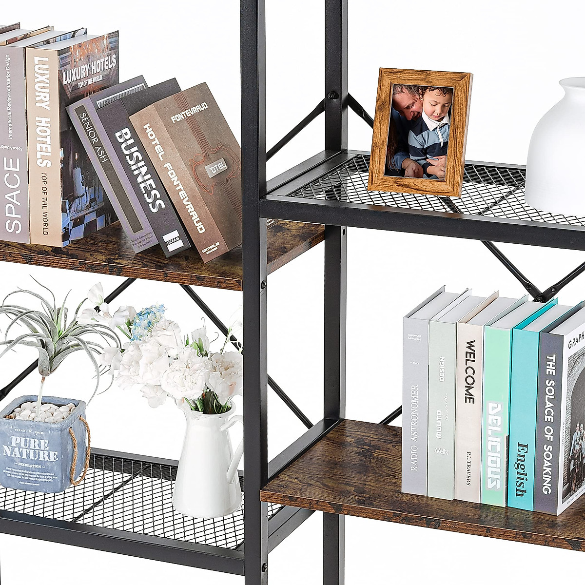 Becko US Bookshelf Bookcase Industrial 8 Tier Book Shelf Vintage Etagere Bookcase with Rustic Finish & Metal Frame & Wire Mesh
