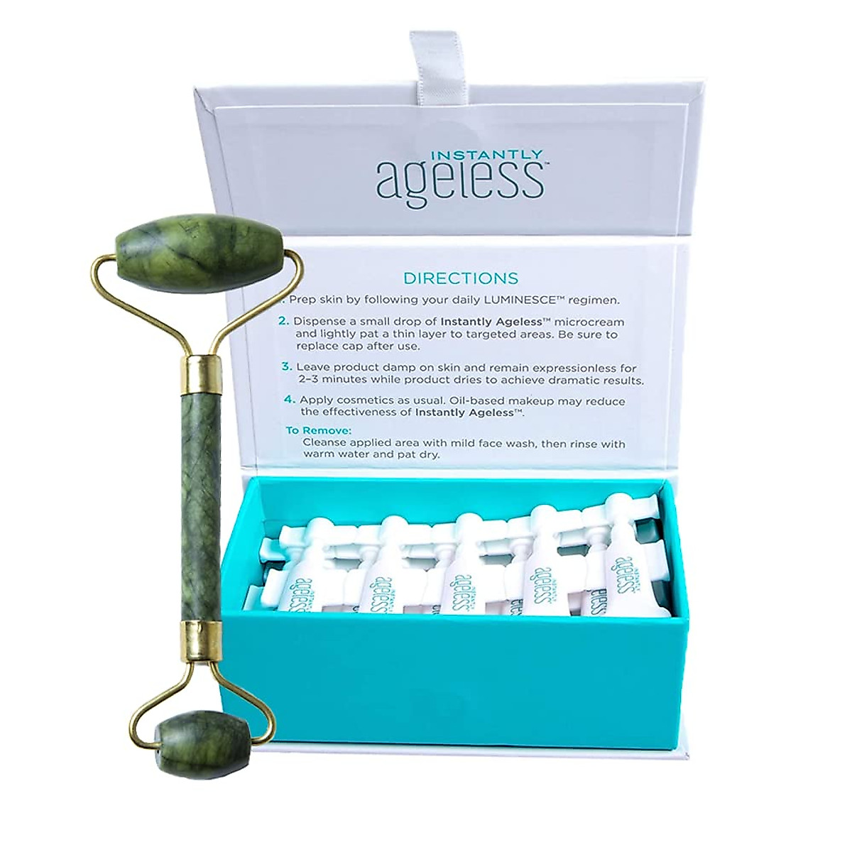 Instantly Ageless Facelift in A Box - Instant Eye Bag Remover Puffiness -1 Box of 25 Vials with Free Quest Skincare Jade Roller for Face- Instant Under Eye Bags Remover - Instant Wrinkle Remover